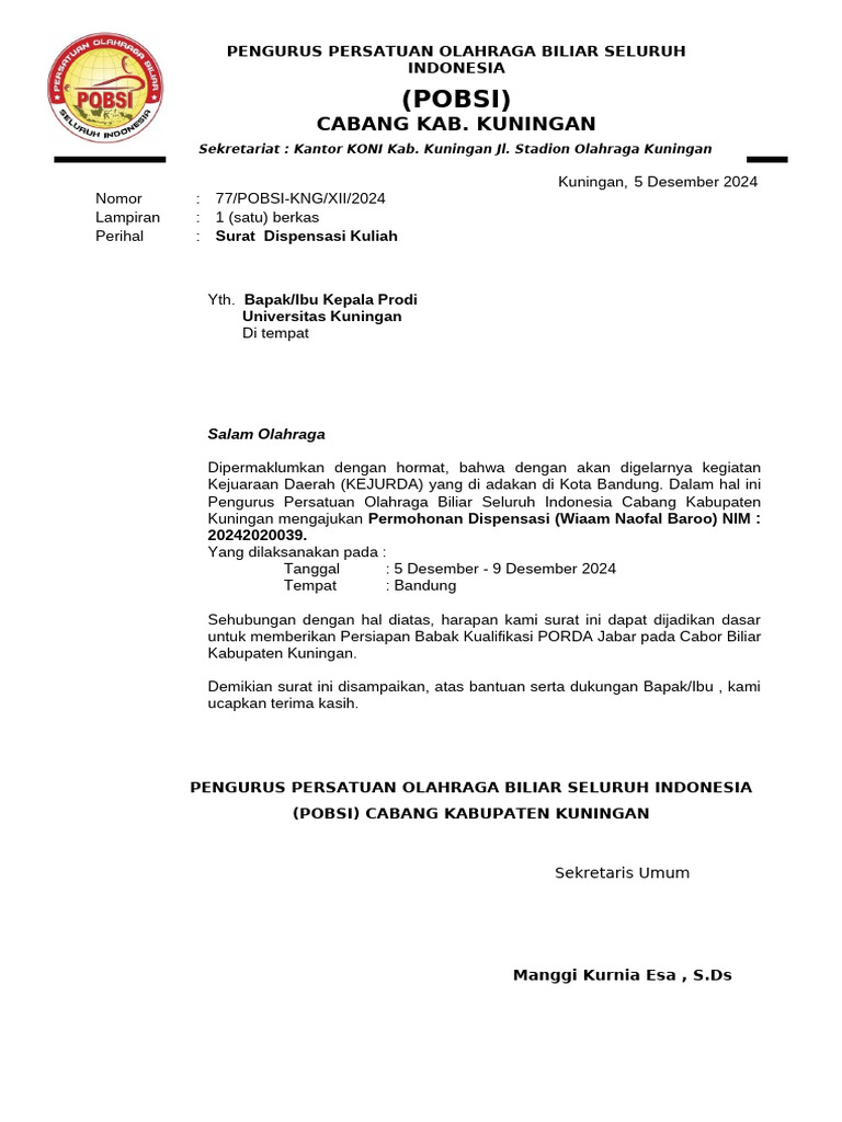 SUrat Dispen POBSI-1 Kepala Prodi Wiaam | PDF