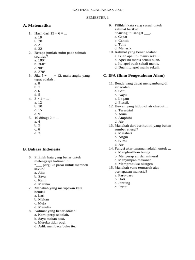 Latihan Soal Kelas 2 SD SMT 1 | PDF