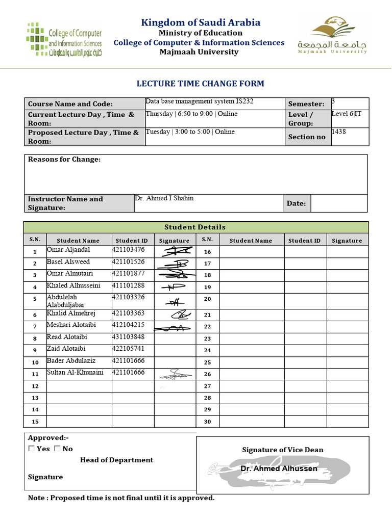 Lecture Time Change Form (1) | PDF