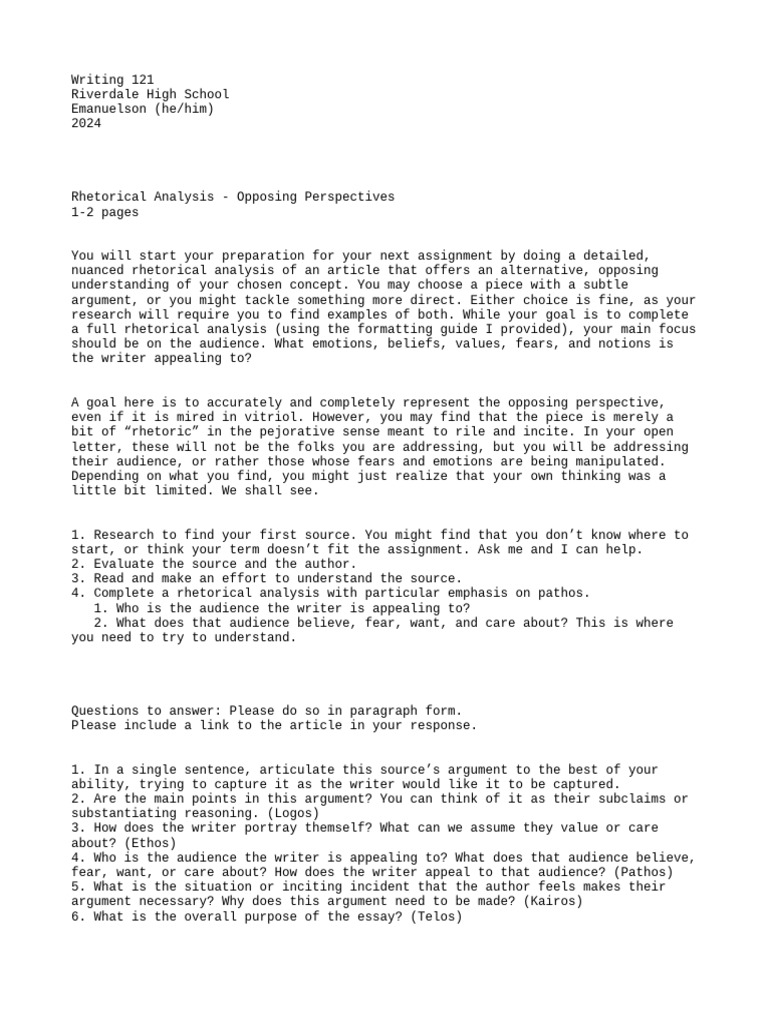 Rhetorical Analysis of Opposing Views | PDF | Rhetoric | Cognition