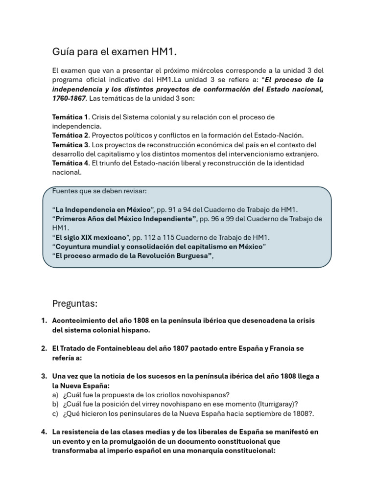 Guía de Estudio Examen HM1: Independencia | PDF | México | Nueva españa