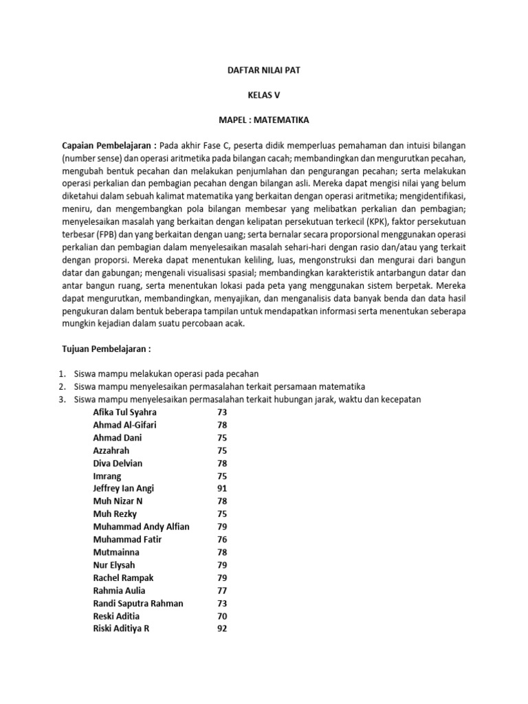 DAFTAR NILAI PAT MTK-halaman | PDF