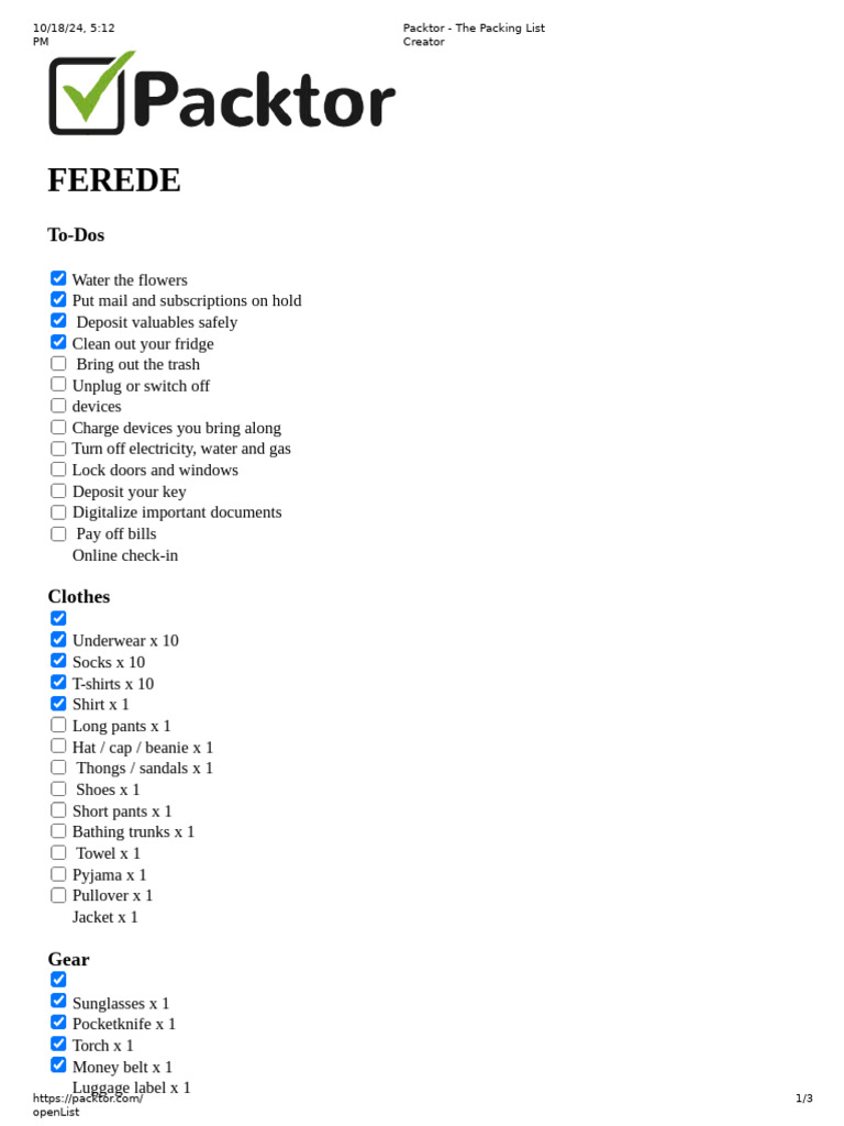 Packtor - The Packing List Creator | PDF