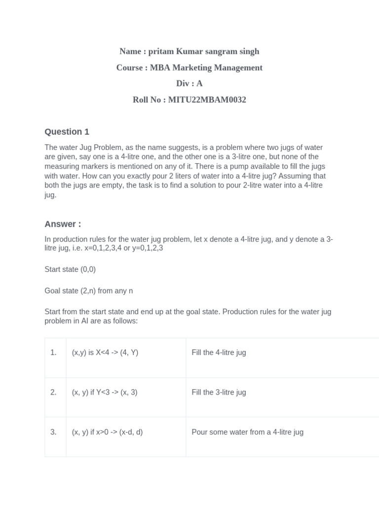 Water Jug Problem - pritam Kumar sangram singh | PDF | Volume | Units ...