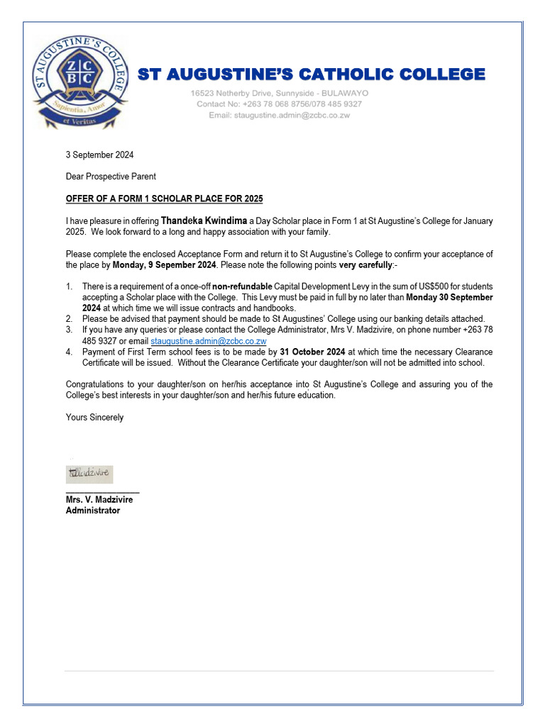 Acceptance Letter - Year 2025 Signed Kwindima | PDF