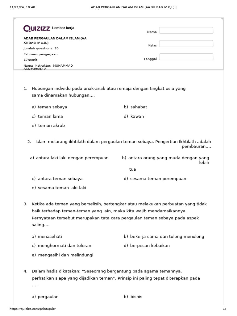 Adab Pergaulan Dalam Islam Kelas Ix | PDF