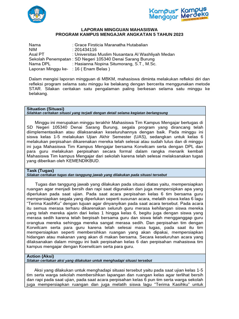 Laporan Minggu Ke 16 Mahasiswa Km 5 Pdf