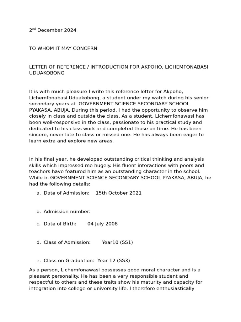 Reference Letter SSPyakasa LUAkpoho | PDF