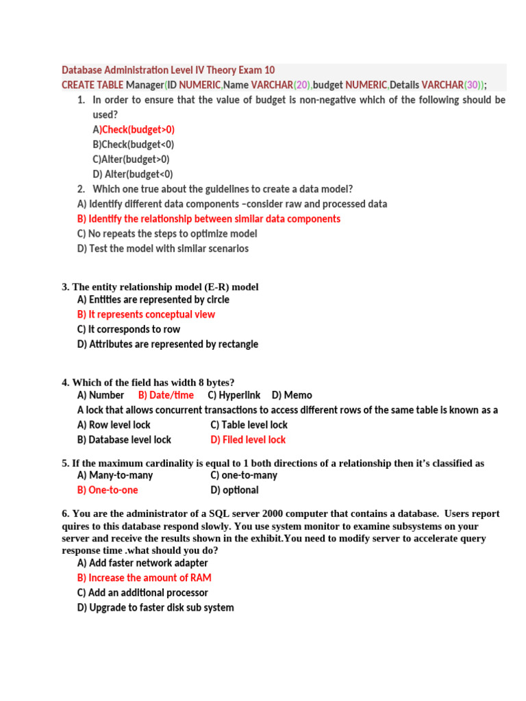 Database Administration Level IV Theory Exam 10 | PDF | Databases ...