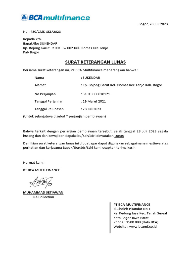 Surat Lunas BCA Multifinance PDF | PDF