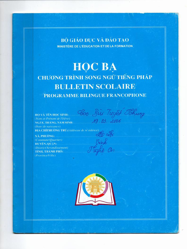Scan Học Bạ Chương Trình Song Ngữ Tiếng Pháp Cao Bùi Tuyết Nhung 2 | PDF