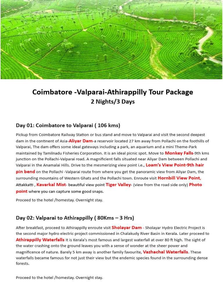 Coimbatore Valparai Athirappilly-Coimbatore 2N-3D | PDF