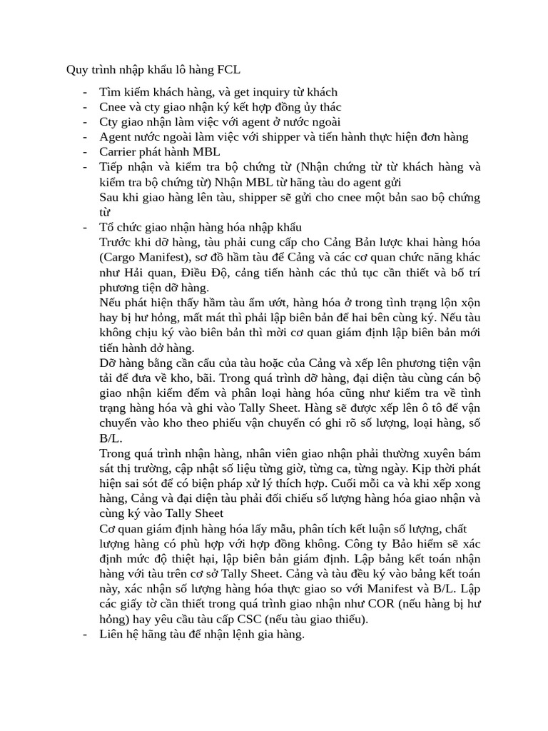 Quy trình nhập khẩu lô hàng FCL | PDF