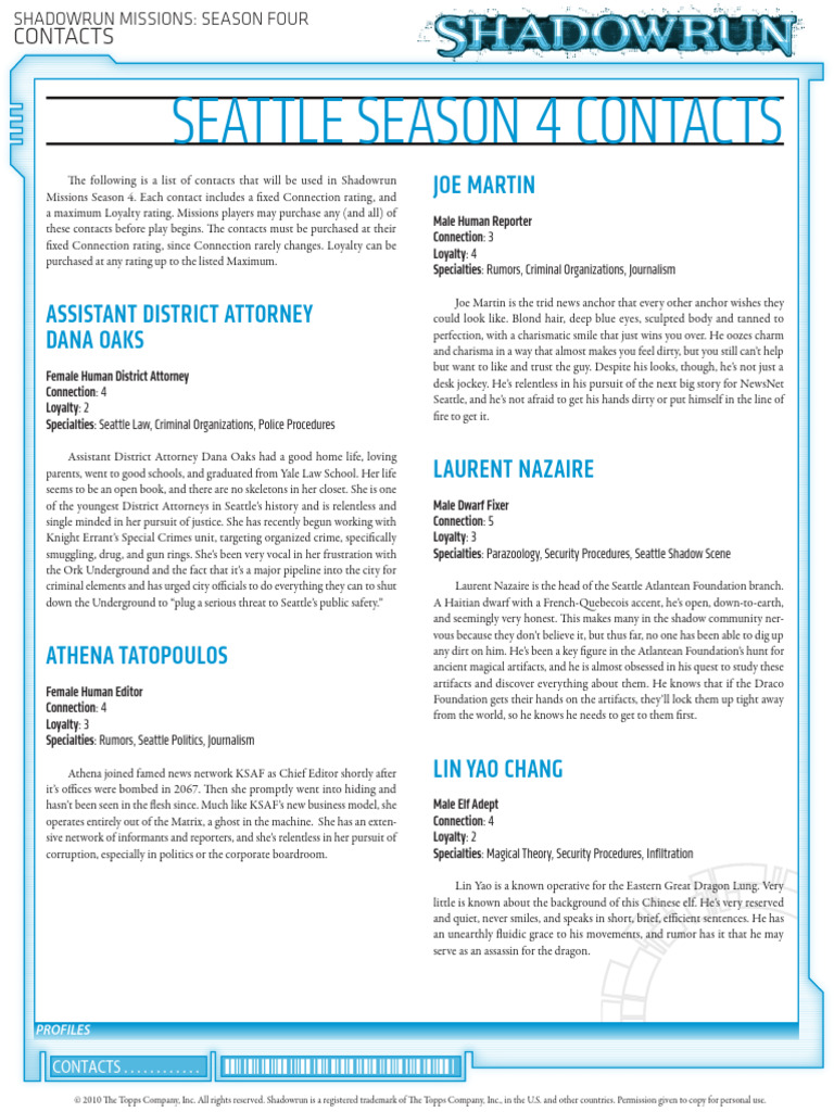 Shadowrun Missions Season 4 Contacts | PDF