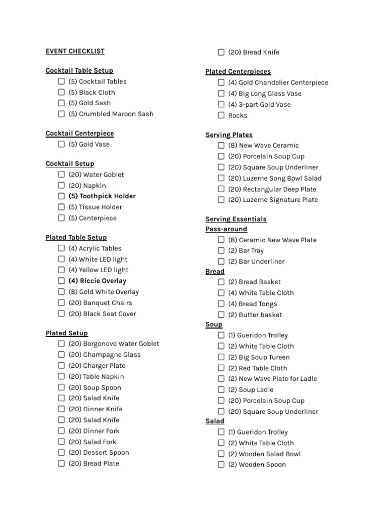 EVENT CHECKLIST | PDF | Cuisine | Foods