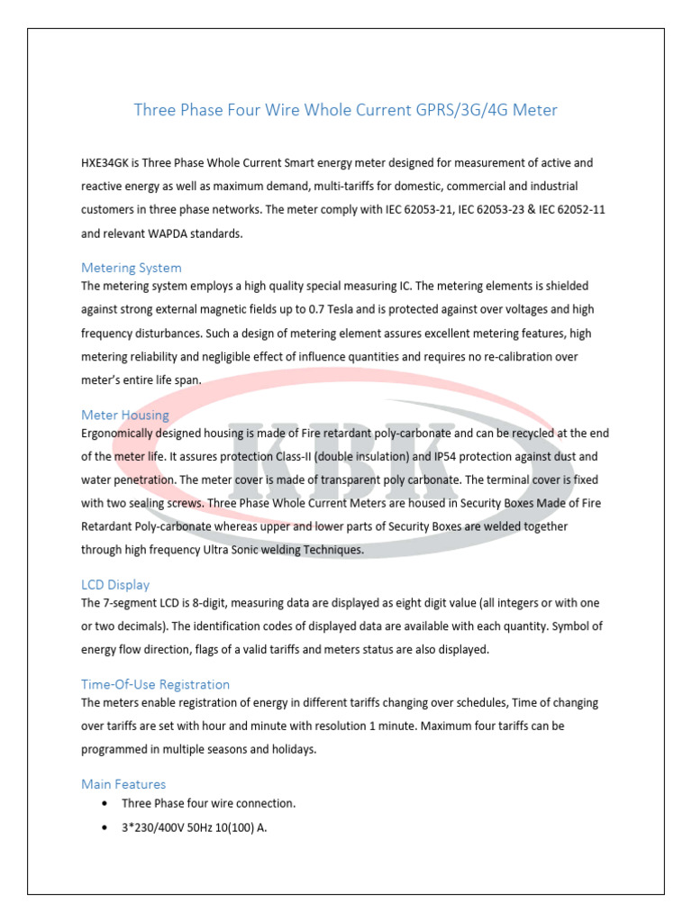 Three Phase Four Wire Whole Current GPRS 3G 4G Meter | PDF | General ...