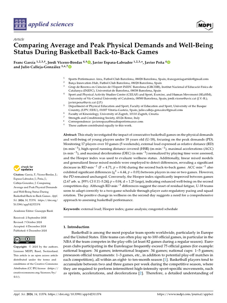 Comparing Average and Peak Physical Demands and Well-Being Status During Basketball Back-to-Back ...