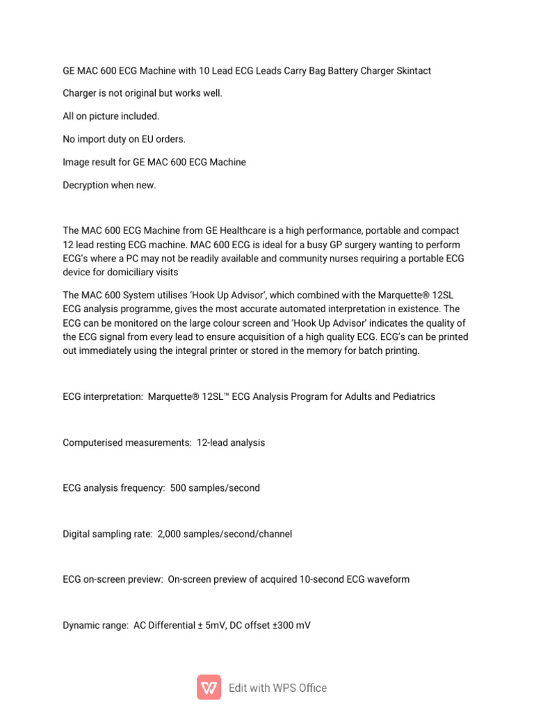 GE MAC 600 ECG-WPS Office | PDF