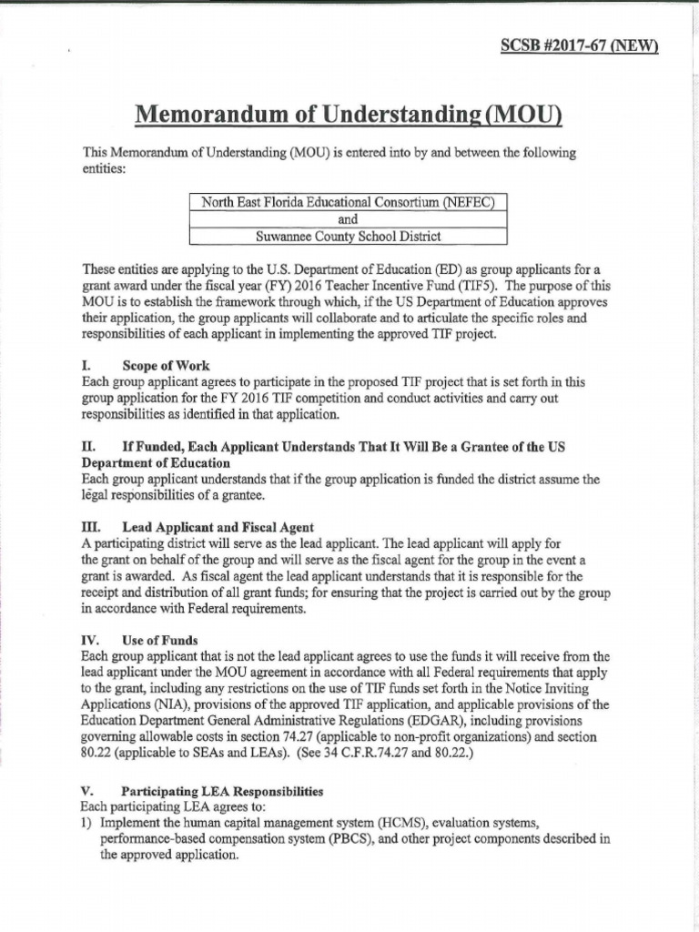 SCSB 2017 67 Mou Nefec Fully Executed | PDF