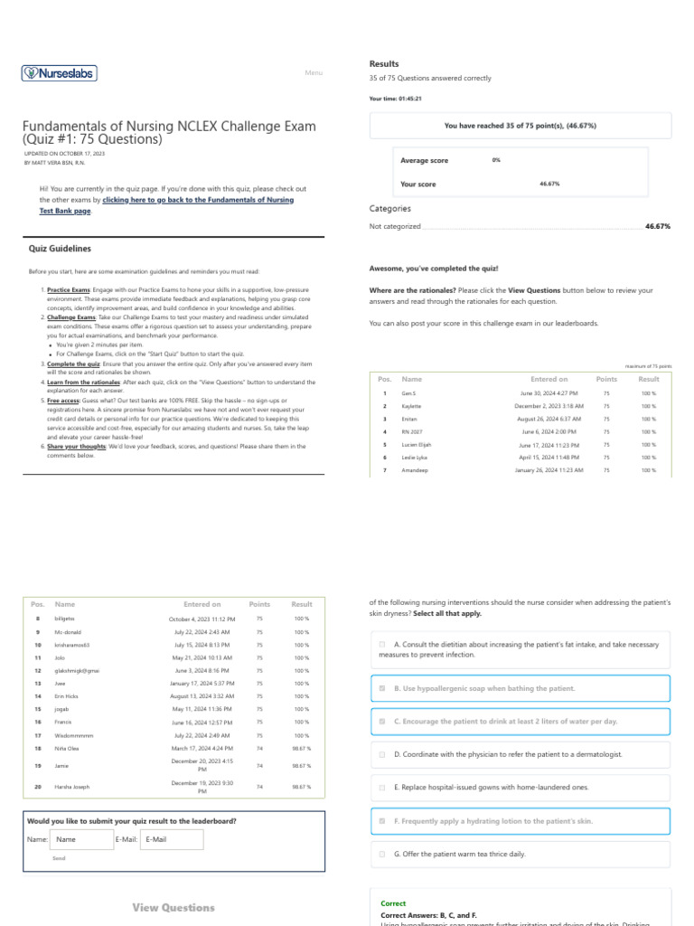 Fundamentals of Nursing NCLEX Challenge Exam (Quiz #1_ 75 Questions) - Nurseslabs | PDF | Sleep ...