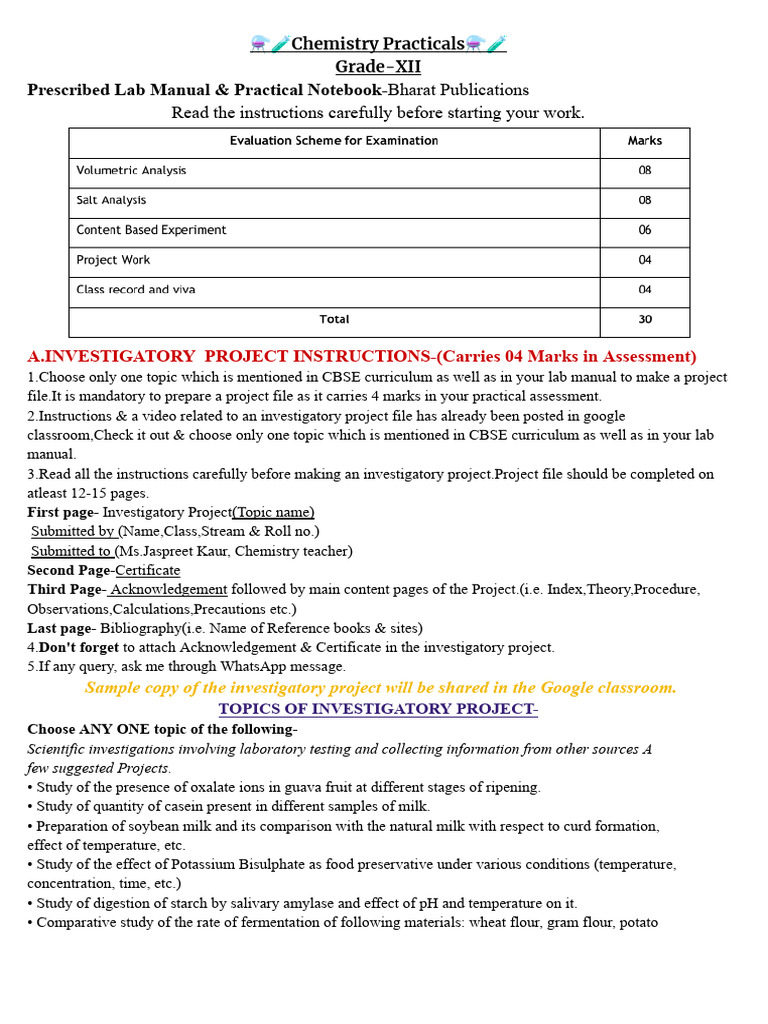 ?list of Chemistry Practicals & Instructions ? | PDF | Chemistry ...
