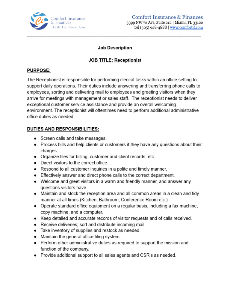 Receptionist Job Description at Comfort Insurance | PDF | Business
