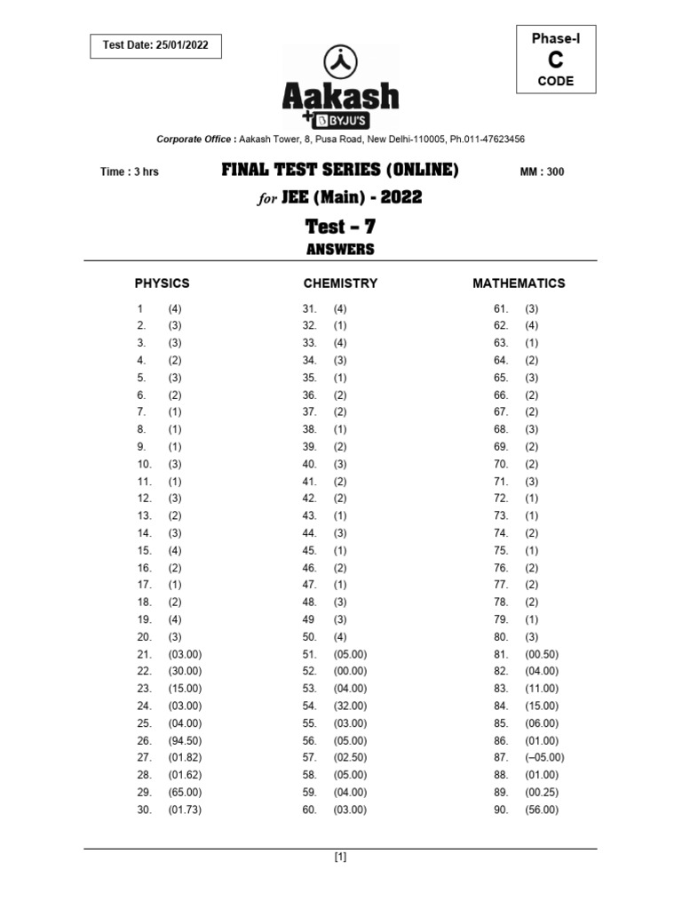 FTS 7 - JEE (Main) Phase 1-25-01 2022 Soln Final | PDF | Organic ...