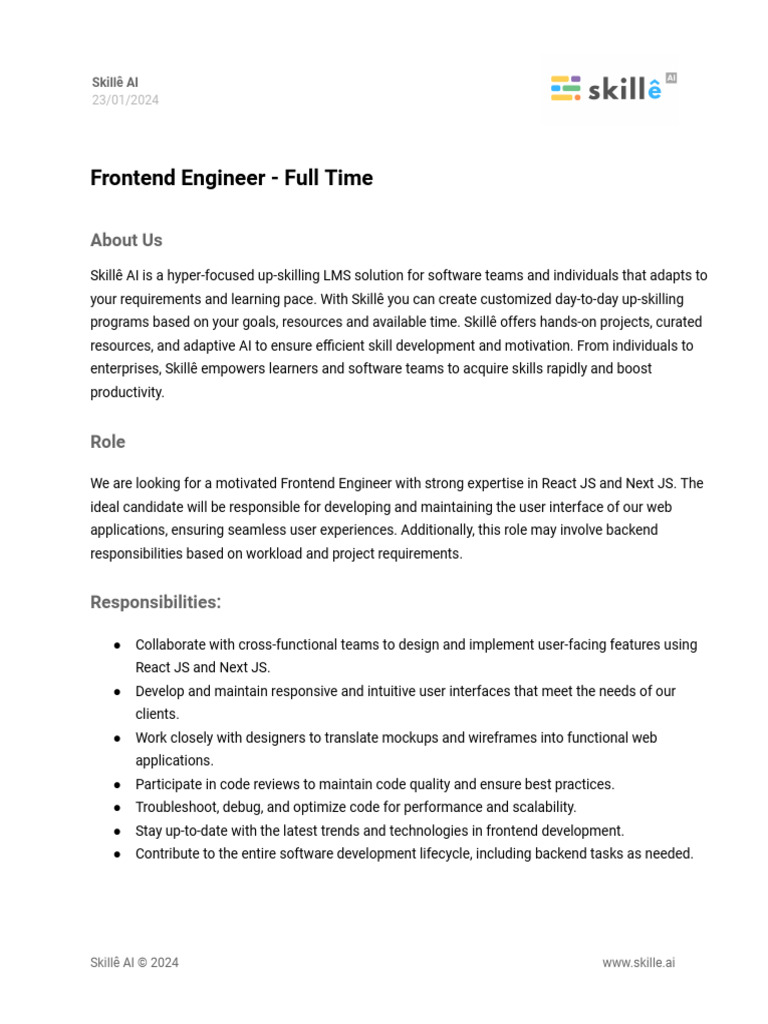 Frontend Engineering Skille AI - JD 2024 | PDF | Software | Systems Architecture