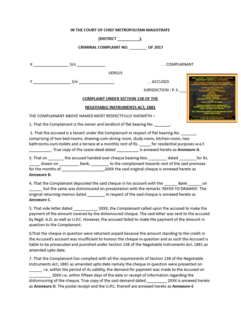 Format of Complaint Under Sec 138 Negotiable Instrument Act | PDF | Cheque | Public Law