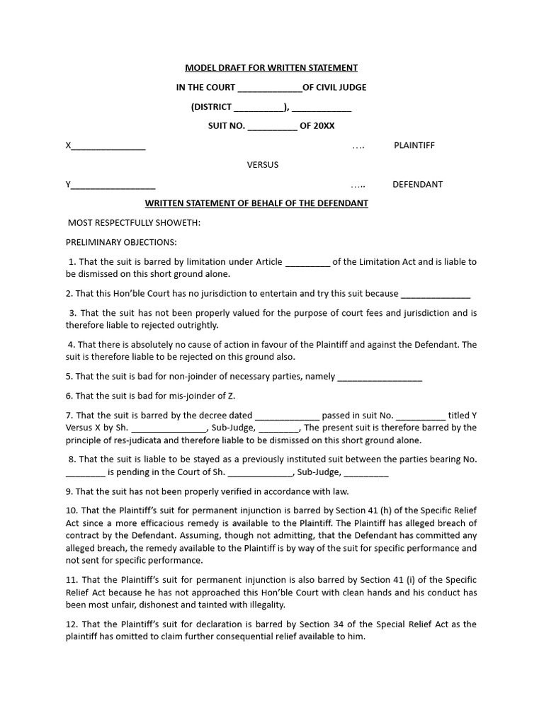 Format Draft For Written Statement | PDF | Lawsuit | Legal Remedy
