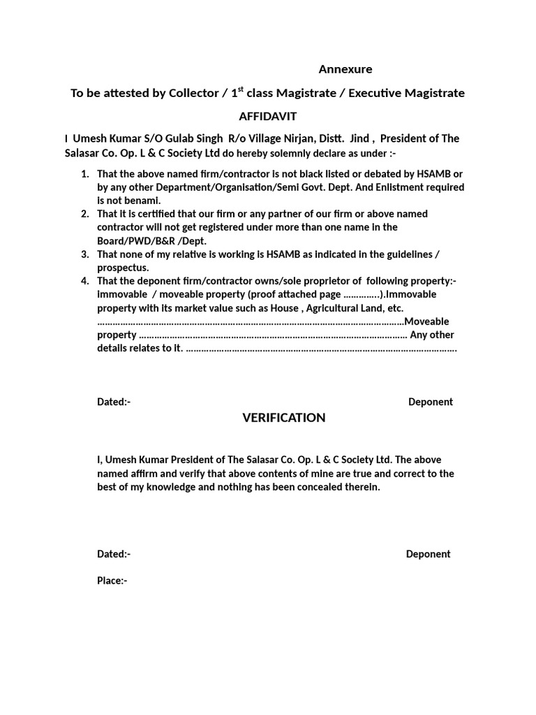 Affidavit To Be Attested by Magistrate or Collector | PDF