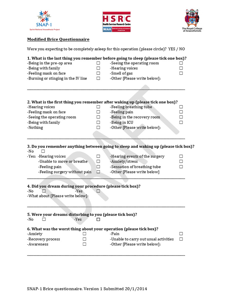 Appendix 2 - Draft Brice Questionnaire | PDF | Medical Specialties ...