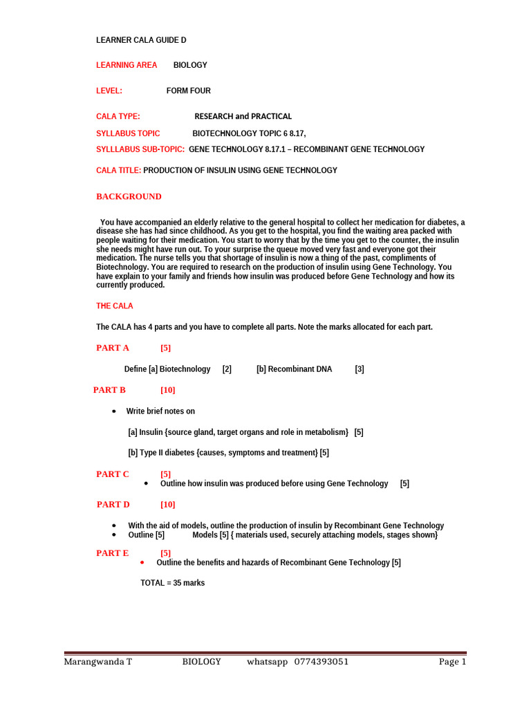 Learner Cala Guide D Recombinant Dna Insulin - 111443 | PDF