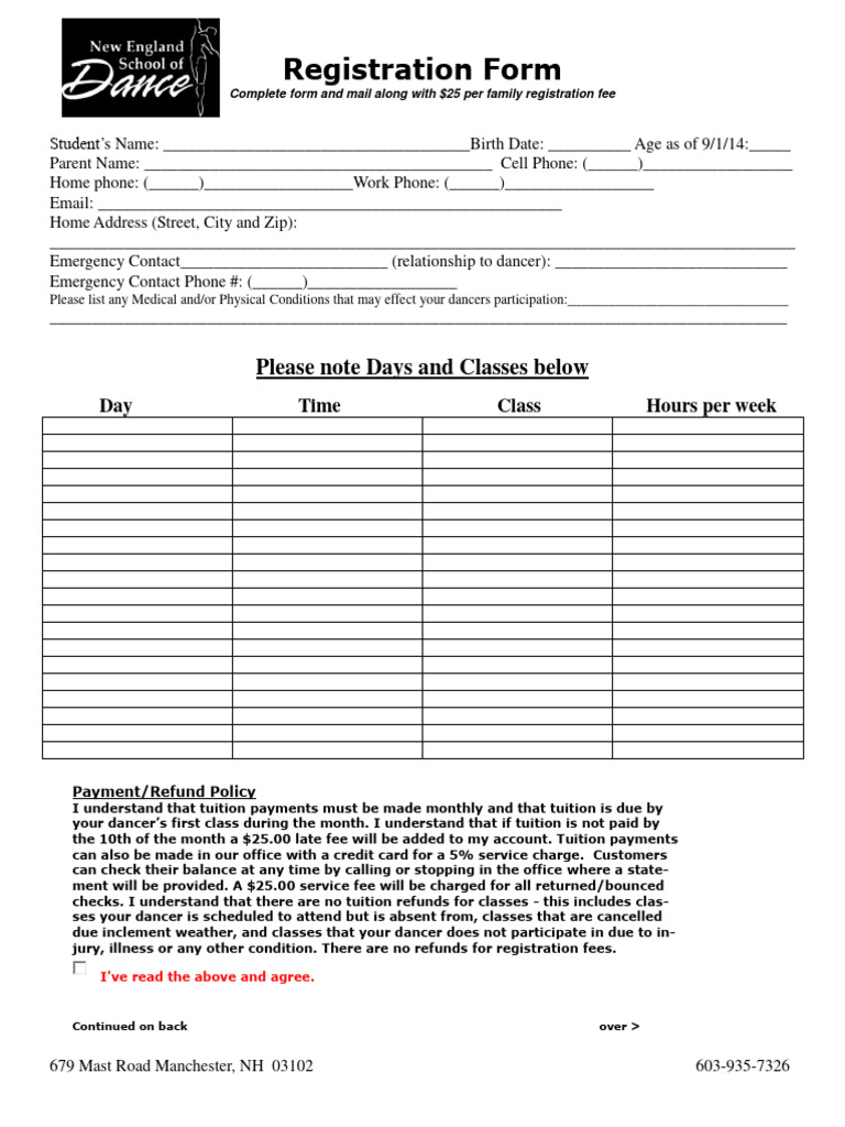 Dance Registration Form and Policies | PDF | Fee | Consent