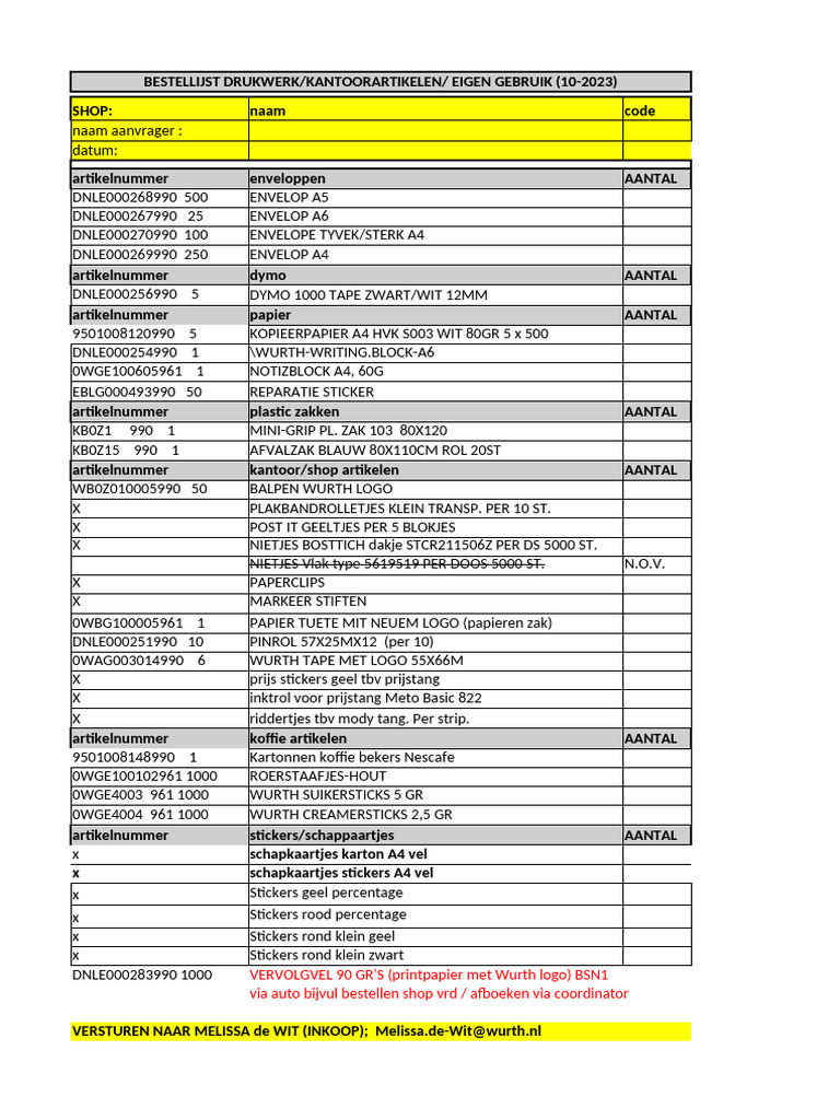 Bestellijst Drukwerk Kantoorartikelen Eigen Gebruik | PDF