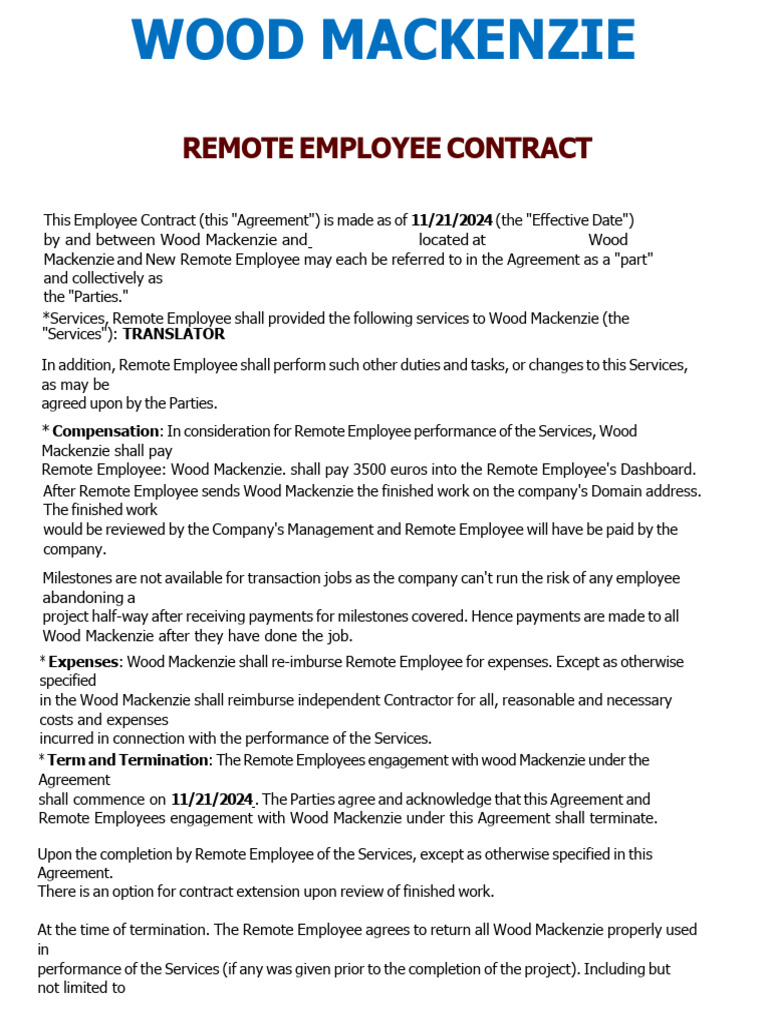 Wood Mackenzie Remote Employee Contract | PDF | Employment | Indemnity