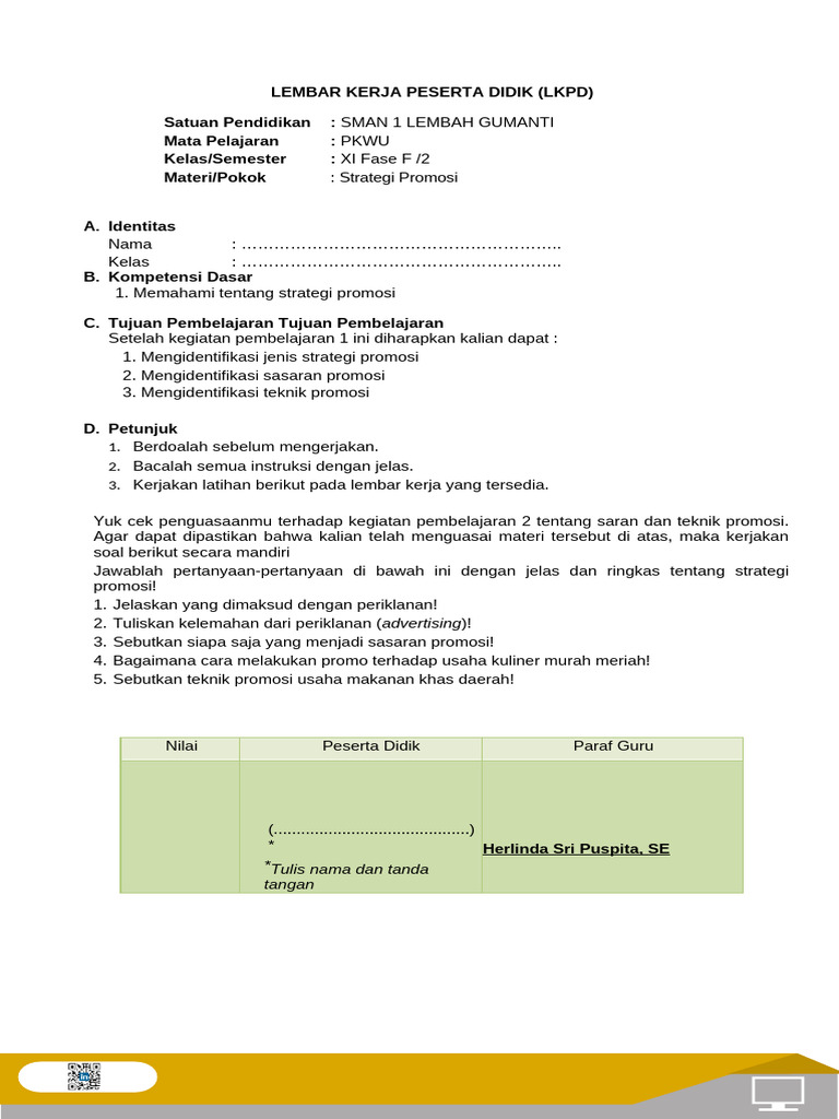 LKPD Pkwu Fase F Strategi Promosi | PDF
