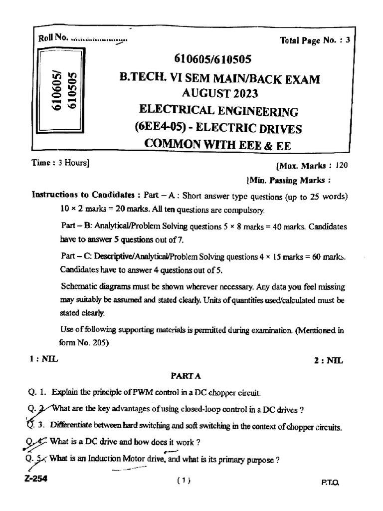 Btech Ee Eee 6 Sem Electric Drives 610605 Aug 2023 | PDF Btech Ee Eee 6 Sem Electric Drives 610605 Aug 2023 | PDF