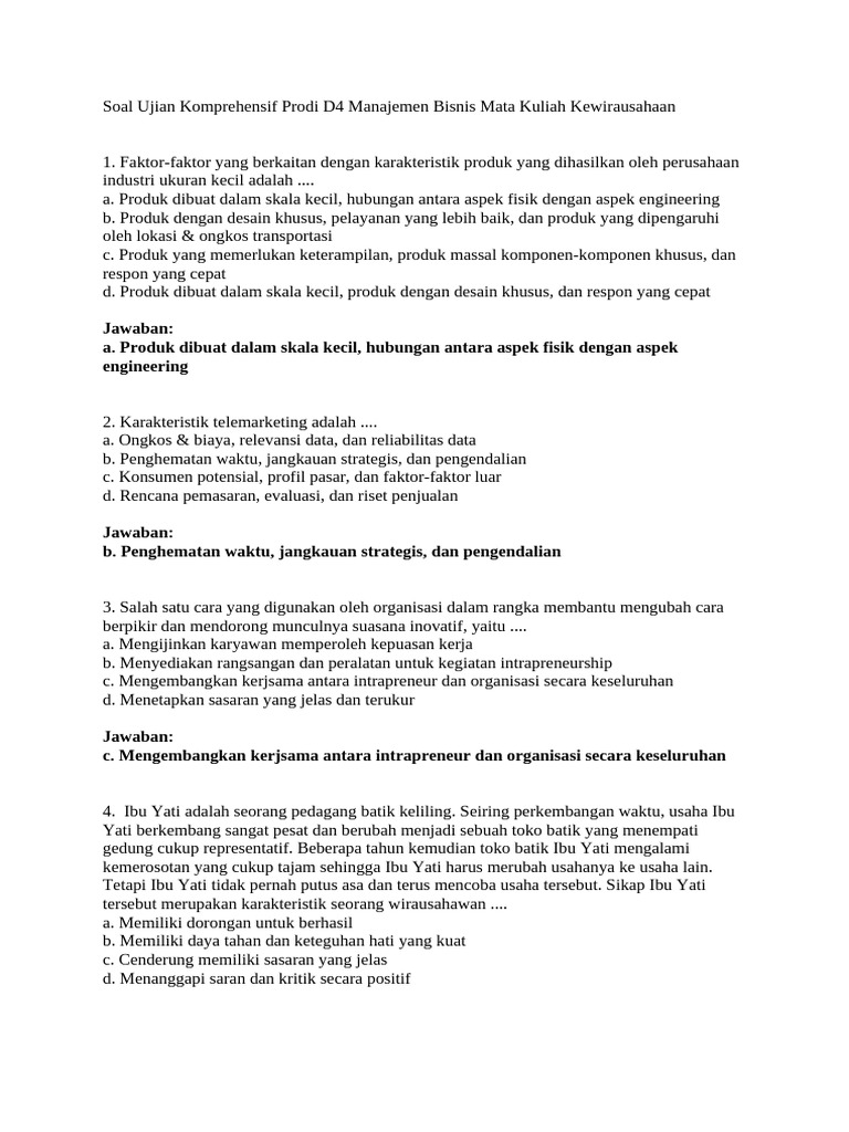 Soal Ujian Komprehensif Prodi D4 Manajemen Bisnis Mata Kuliah Kewirausahaan | PDF