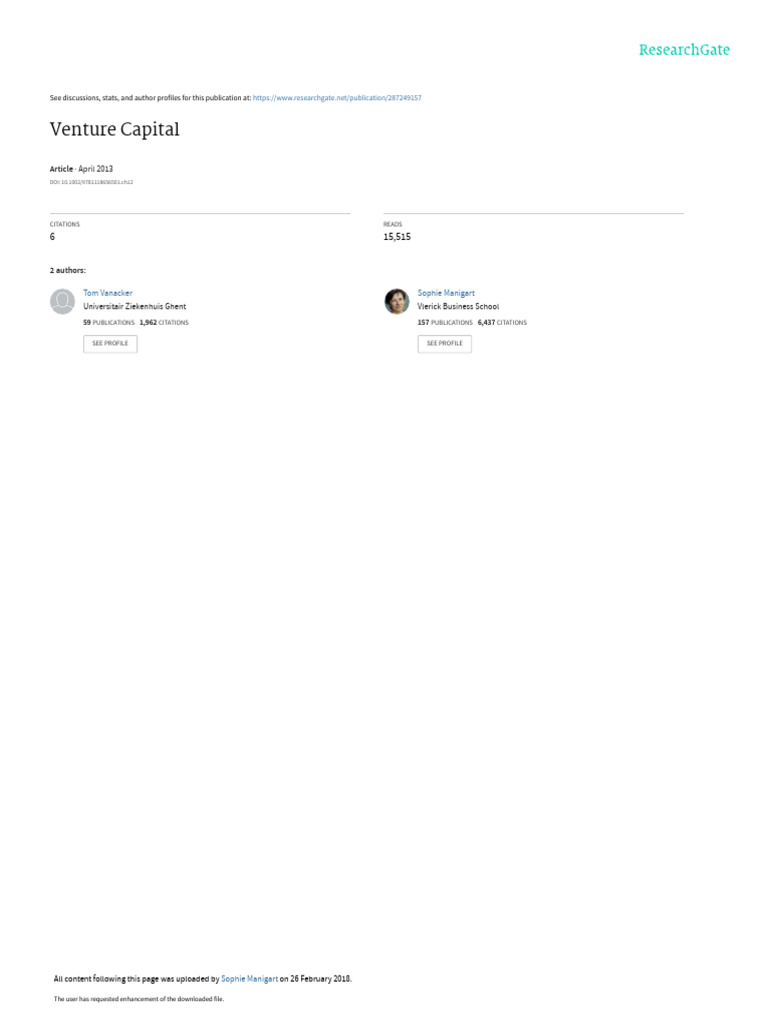 Venturecapital Vanacker Manigart | PDF | Corporate Finance | Venture ...