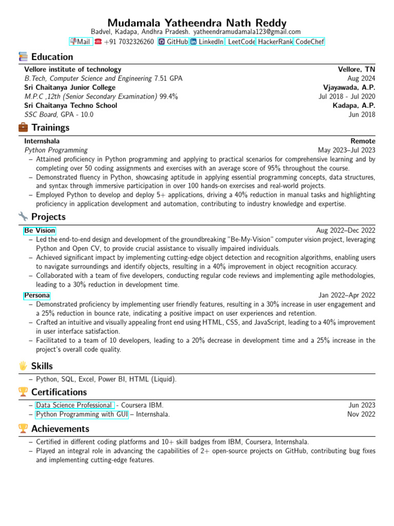 YatheendraReddy Resume | PDF | Python (Programming Language) | Computer ...