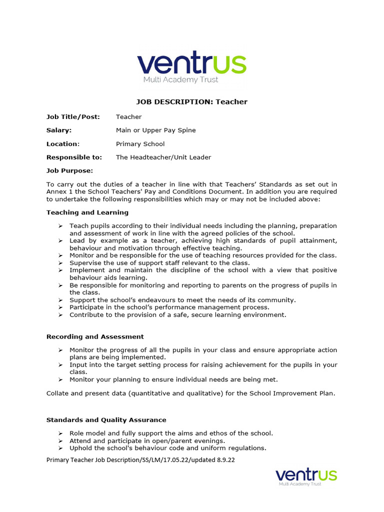 Primary Teacher Job Description Overview | PDF | Teachers | Cognition