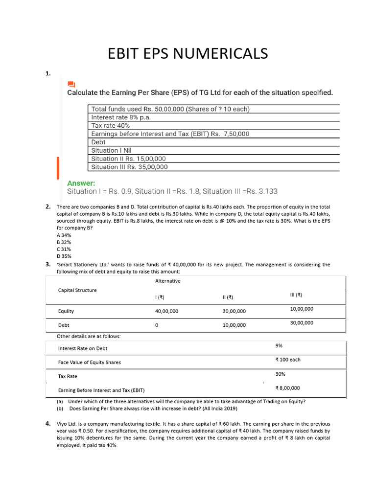 EBIT EPS NUMERICALS | PDF | Equity (Finance) | Capital Structure