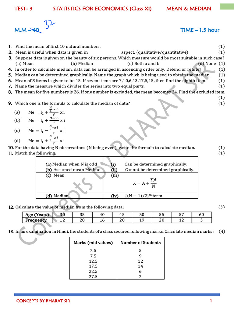 Statistics Test: Mean & Median Concepts | PDF | Mean | Arithmetic Mean