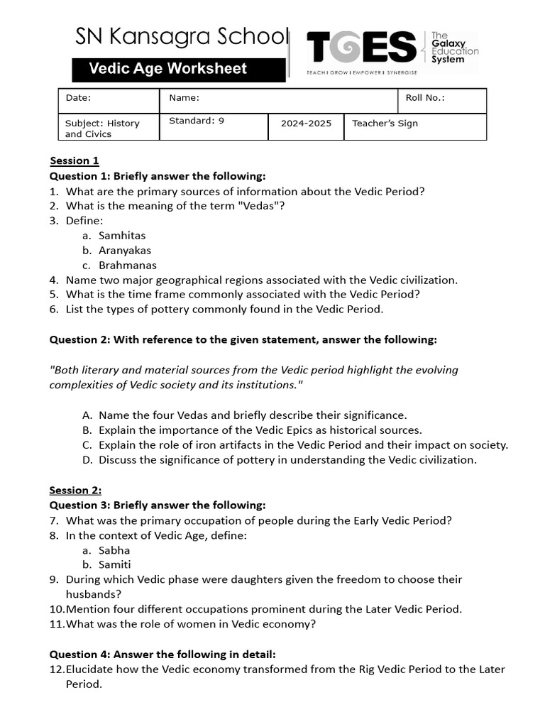 Updated Vedic Age - Worksheet | PDF