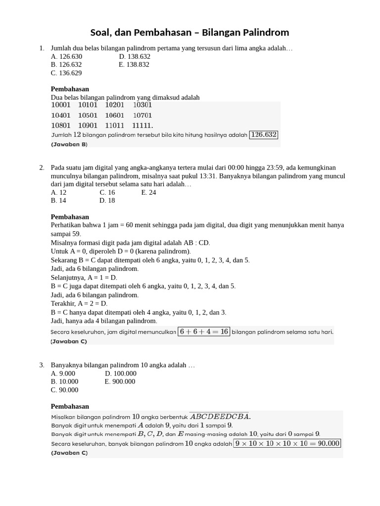 Soal Dan Pembahasan - Bilangan Palindrom | PDF