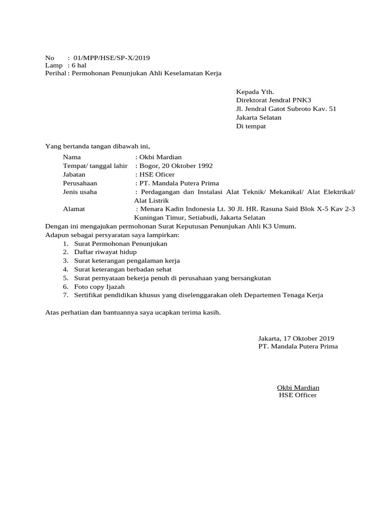 Surat permohonan penunjukan K3u | PDF