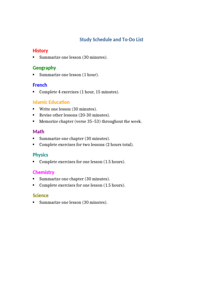 Study Schedule and To Do List | PDF