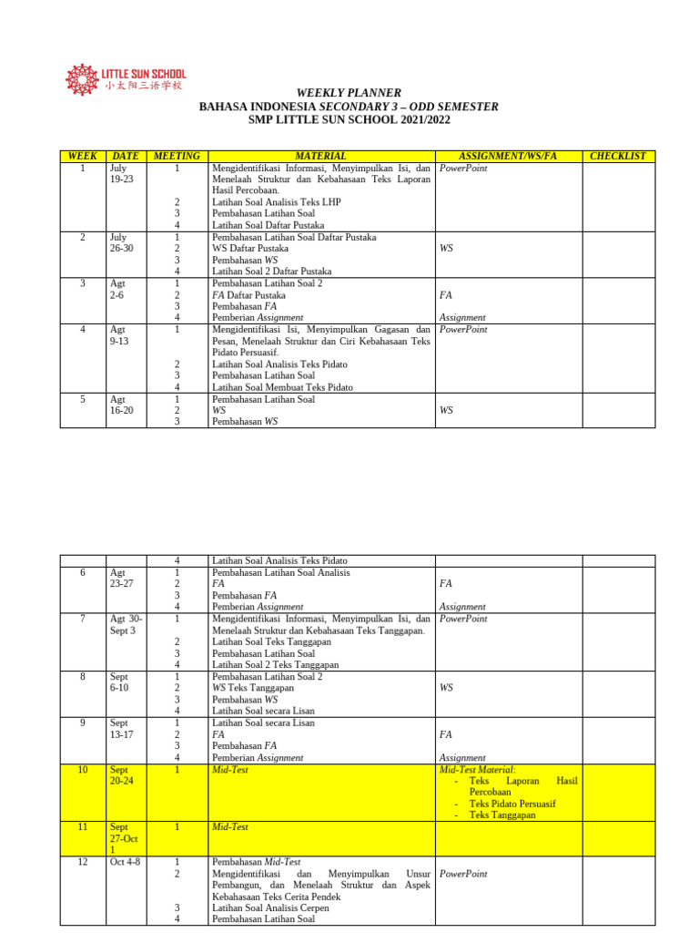 Weekly Planner Bahasa Indonesia Semester 1 Sec-3 | PDF