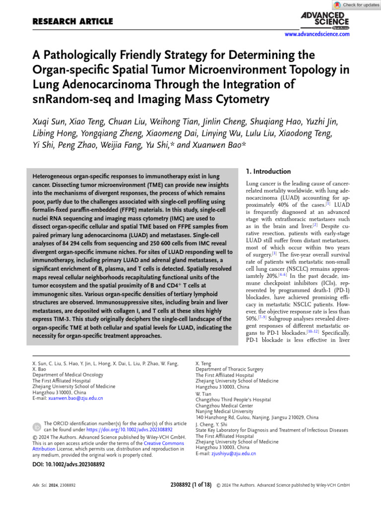 2024-Advanced Science -肺癌FFPE- A Pathologically Friendly Strategy for Determining the Organ ...